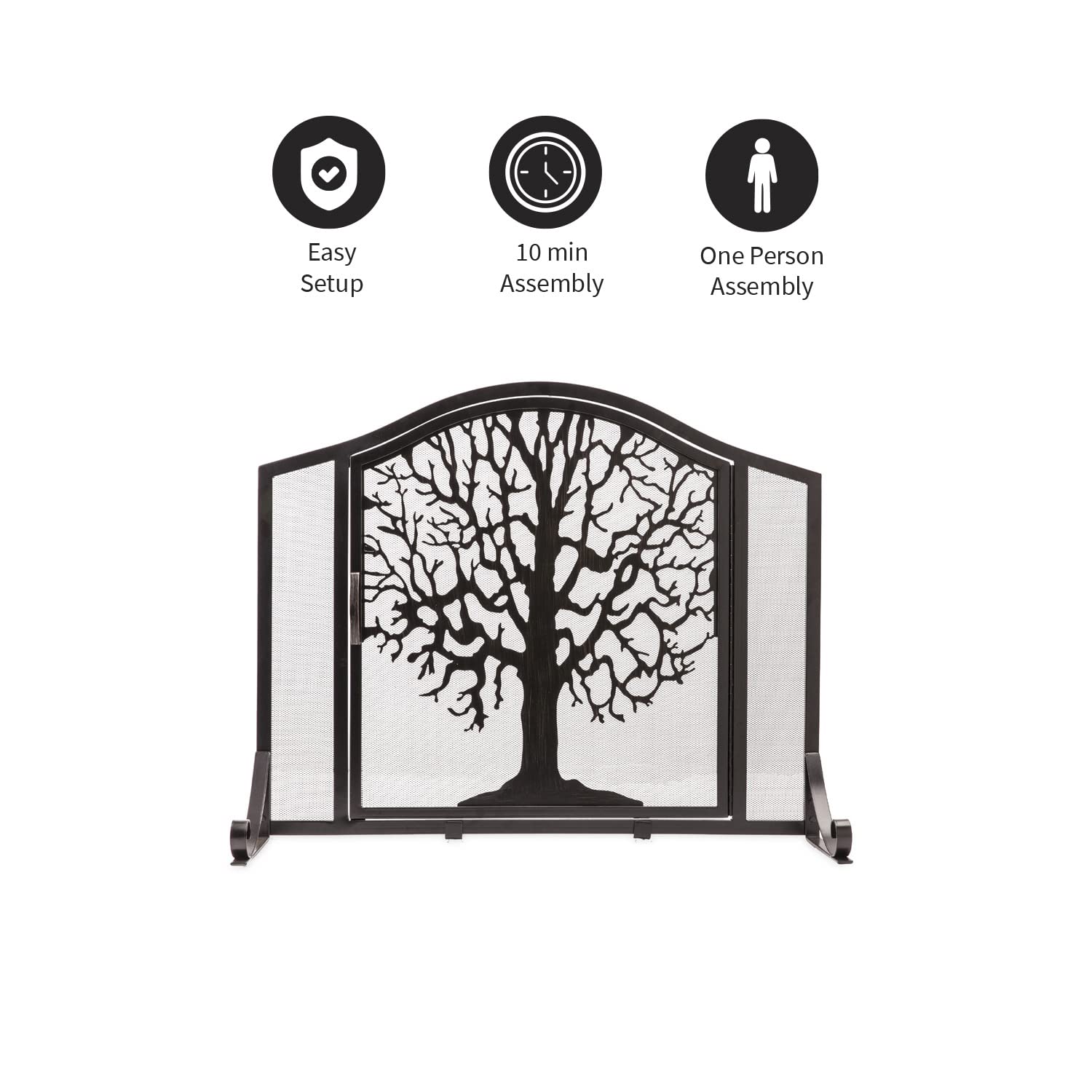 Plow & Hearth Metal Fireplace Screen Tree of Life Black | 44" W x 33" H | Flatguard | Spark Guard Grate | Iron Fire Place Cover | Wood Stove Accessories