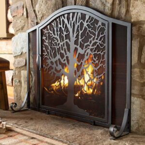 Plow & Hearth Metal Fireplace Screen Tree of Life Black | 44" W x 33" H | Flatguard | Spark Guard Grate | Iron Fire Place Cover | Wood Stove Accessories