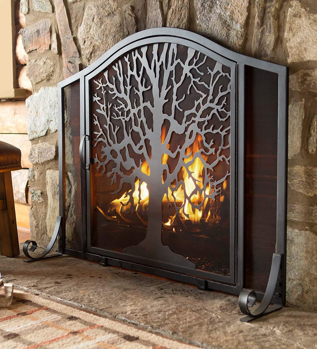 Plow & Hearth Metal Fireplace Screen Tree of Life Black | 44" W x 33" H | Flatguard | Spark Guard Grate | Iron Fire Place Cover | Wood Stove Accessories