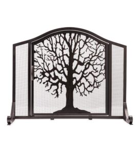 plow & hearth metal fireplace screen tree of life black | 44" w x 33" h | flatguard | spark guard grate | iron fire place cover | wood stove accessories