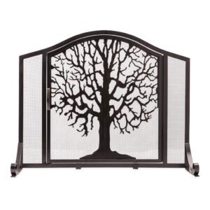 Plow & Hearth Metal Fireplace Screen Tree of Life Black | 44" W x 33" H | Flatguard | Spark Guard Grate | Iron Fire Place Cover | Wood Stove Accessories