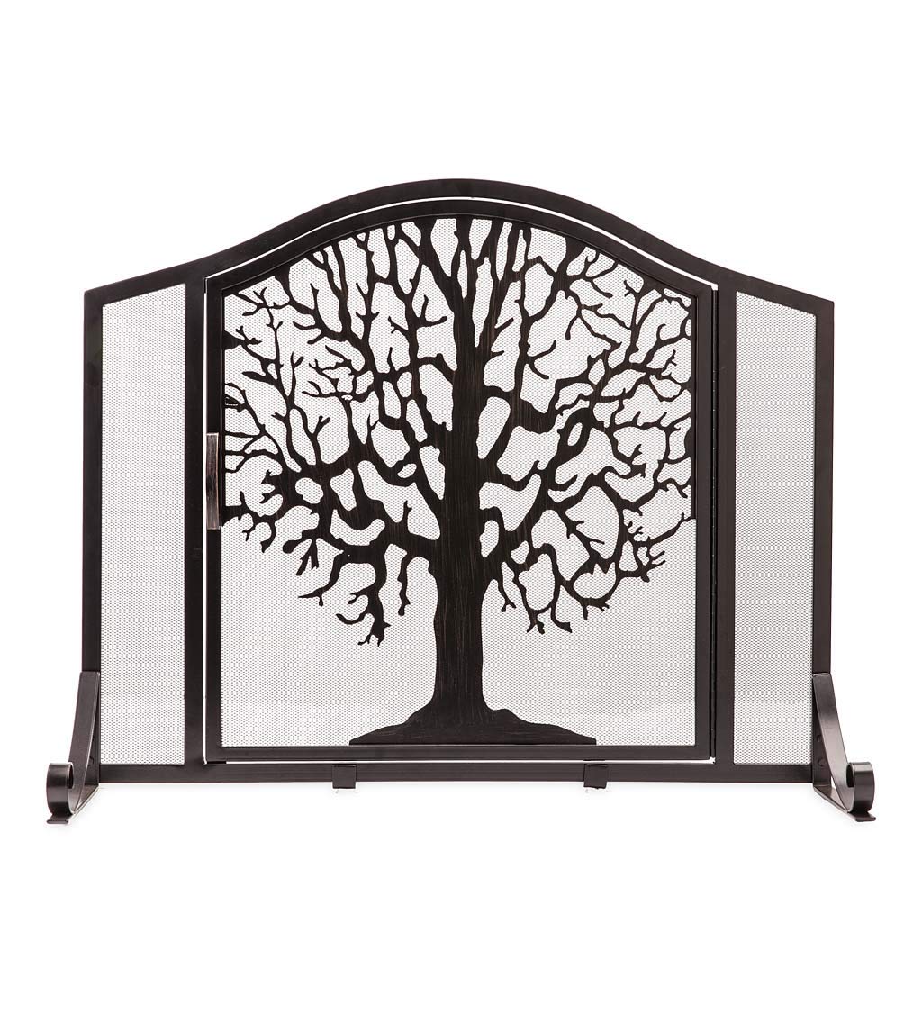 Plow & Hearth Metal Fireplace Screen Tree of Life Black | 44" W x 33" H | Flatguard | Spark Guard Grate | Iron Fire Place Cover | Wood Stove Accessories