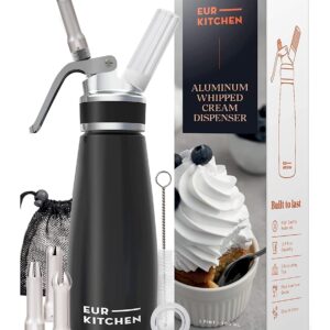 EurKitchen Professional Aluminum Whipped Cream Dispenser - Leak-Free Whip Cream Maker Canister with 3 Decorating Nozzles & Cleaning Brush - 1-Pint / 500 mL Cream Whipper - N2O Chargers (Not Included)