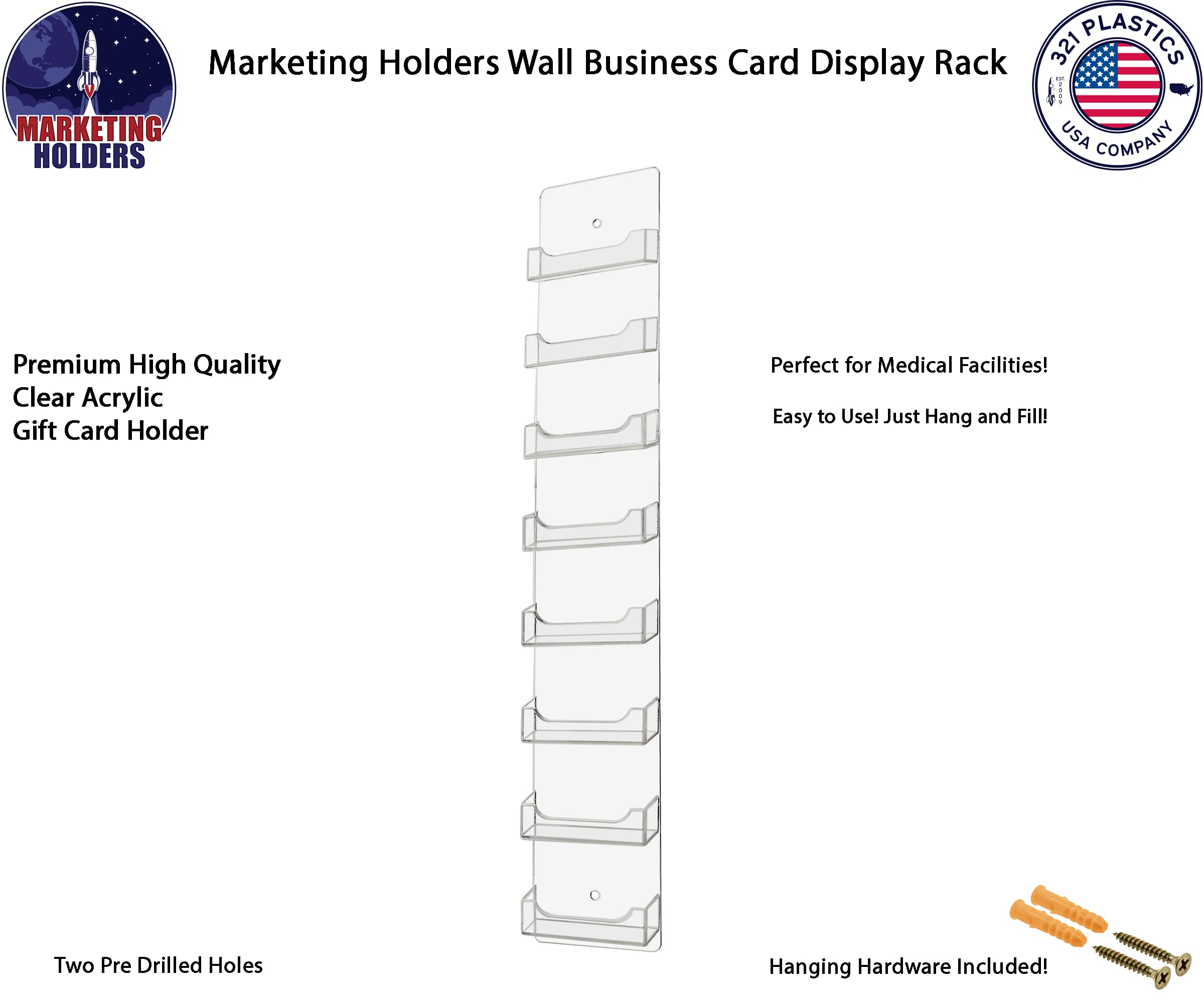 Wall Business Card Holder with Hanging Hardware for 3.5" x 2" Gift 8 Slot Card Card Rack Retail Stores or Salon Multi Pocket Clear Acrylic One Piece by Marketing Holders