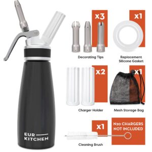 EurKitchen Professional Aluminum Whipped Cream Dispenser - Leak-Free Whip Cream Maker Canister with 3 Decorating Nozzles & Cleaning Brush - 1-Pint / 500 mL Cream Whipper - N2O Chargers (Not Included)