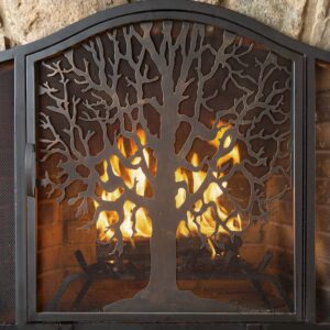 Plow & Hearth Metal Fireplace Screen Tree of Life Black | 44" W x 33" H | Flatguard | Spark Guard Grate | Iron Fire Place Cover | Wood Stove Accessories