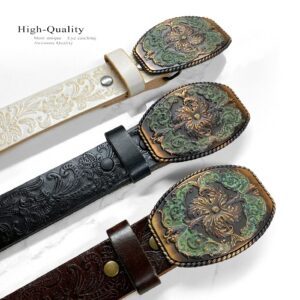 Western Fashion Style Floral Engraved Buckle Full Grain Genuine Leather Belt 1-1/2" (38mm) Wide, Multi-Style Options (Brown, 36)