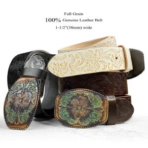 Western Fashion Style Floral Engraved Buckle Full Grain Genuine Leather Belt 1-1/2" (38mm) Wide, Multi-Style Options (Brown, 36)