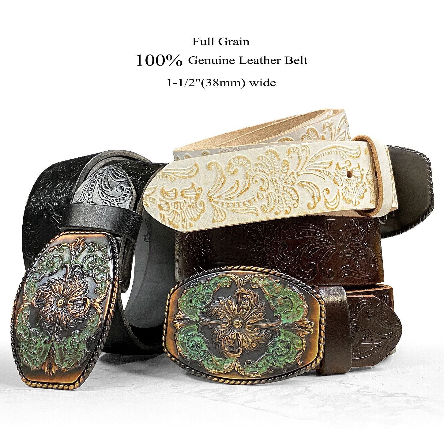 Western Fashion Style Floral Engraved Buckle Full Grain Genuine Leather Belt 1-1/2" (38mm) Wide, Multi-Style Options (Brown, 36)