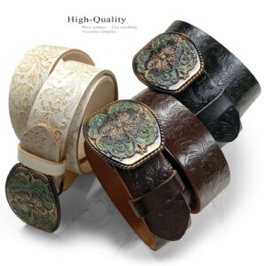 Western Fashion Style Floral Engraved Buckle Full Grain Genuine Leather Belt 1-1/2" (38mm) Wide, Multi-Style Options (Brown, 36)