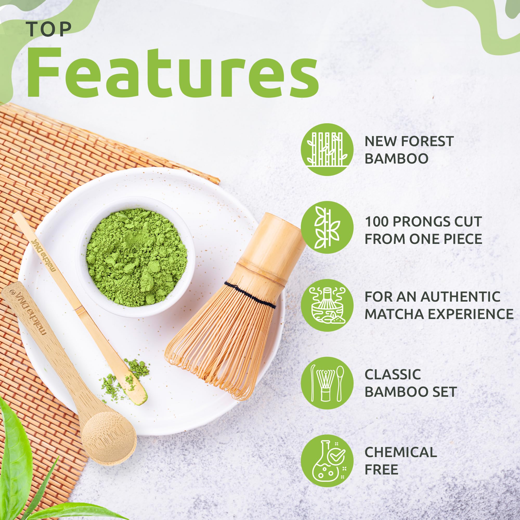 Bamboo Matcha Whisk with Bamboo Spoon and Hooked Bamboo Scoop (Chashaku) Set by MATCHA DNA - Traditional Matcha Whisk Made from Durable and Sustainable Golden Bamboo for Matcha Tea Preparation