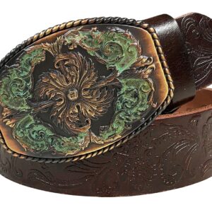 Western Fashion Style Floral Engraved Buckle Full Grain Genuine Leather Belt 1-1/2" (38mm) Wide, Multi-Style Options (Brown, 36)