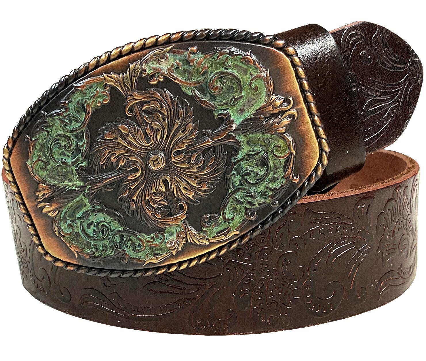 Western Fashion Style Floral Engraved Buckle Full Grain Genuine Leather Belt 1-1/2" (38mm) Wide, Multi-Style Options (Brown, 36)