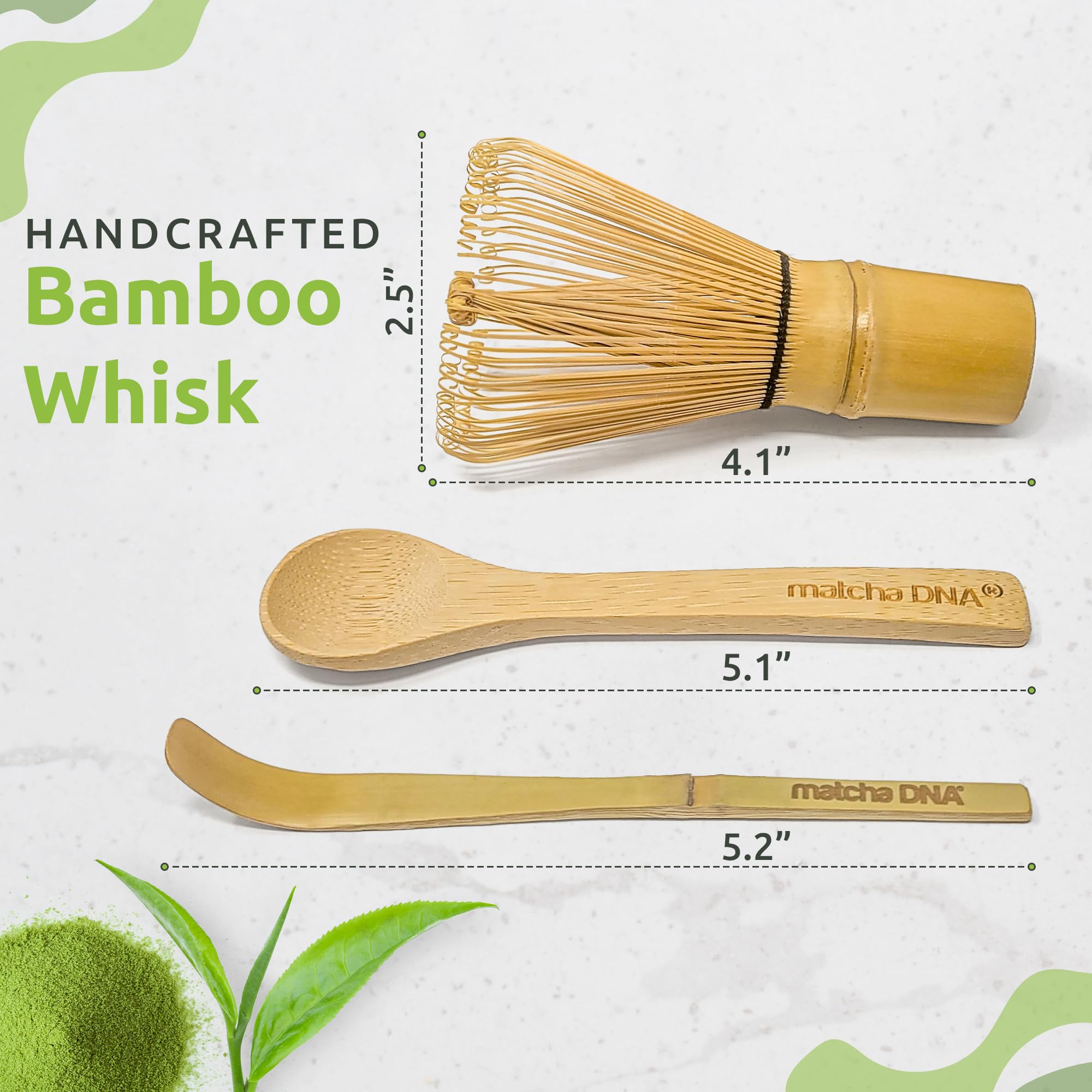 Bamboo Matcha Whisk with Bamboo Spoon and Hooked Bamboo Scoop (Chashaku) Set by MATCHA DNA - Traditional Matcha Whisk Made from Durable and Sustainable Golden Bamboo for Matcha Tea Preparation