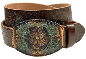 western fashion style floral engraved buckle full grain genuine leather belt 1-1/2" (38mm) wide, multi-style options (brown, 36)