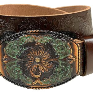 Western Fashion Style Floral Engraved Buckle Full Grain Genuine Leather Belt 1-1/2" (38mm) Wide, Multi-Style Options (Brown, 36)