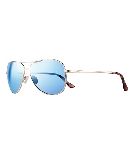 Revo Relay: Polarized Filter UV, Womens Small Metal Rim Aviator Sunglasses, Gold Frame with Blue Water Lens, RE 1014