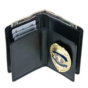 Police Badge Wallet, All Leather, Fits Any Shape Badge with a Pin Back- Black