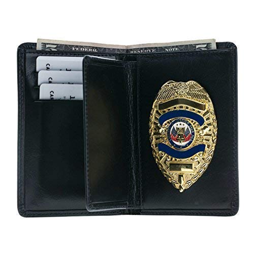 Police Badge Wallet, All Leather, Fits Any Shape Badge with a Pin Back- Black