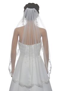 samky 1t 1 tier flower scallop embroided lace pearl veil - white fingertip length 36" v466