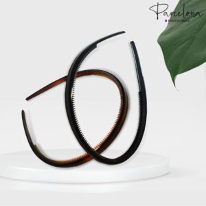 Parcelona French Thin Set of 2 Tortoise Shell Brown and Black Comb Hair Headbands with Inner Teeth Nibs