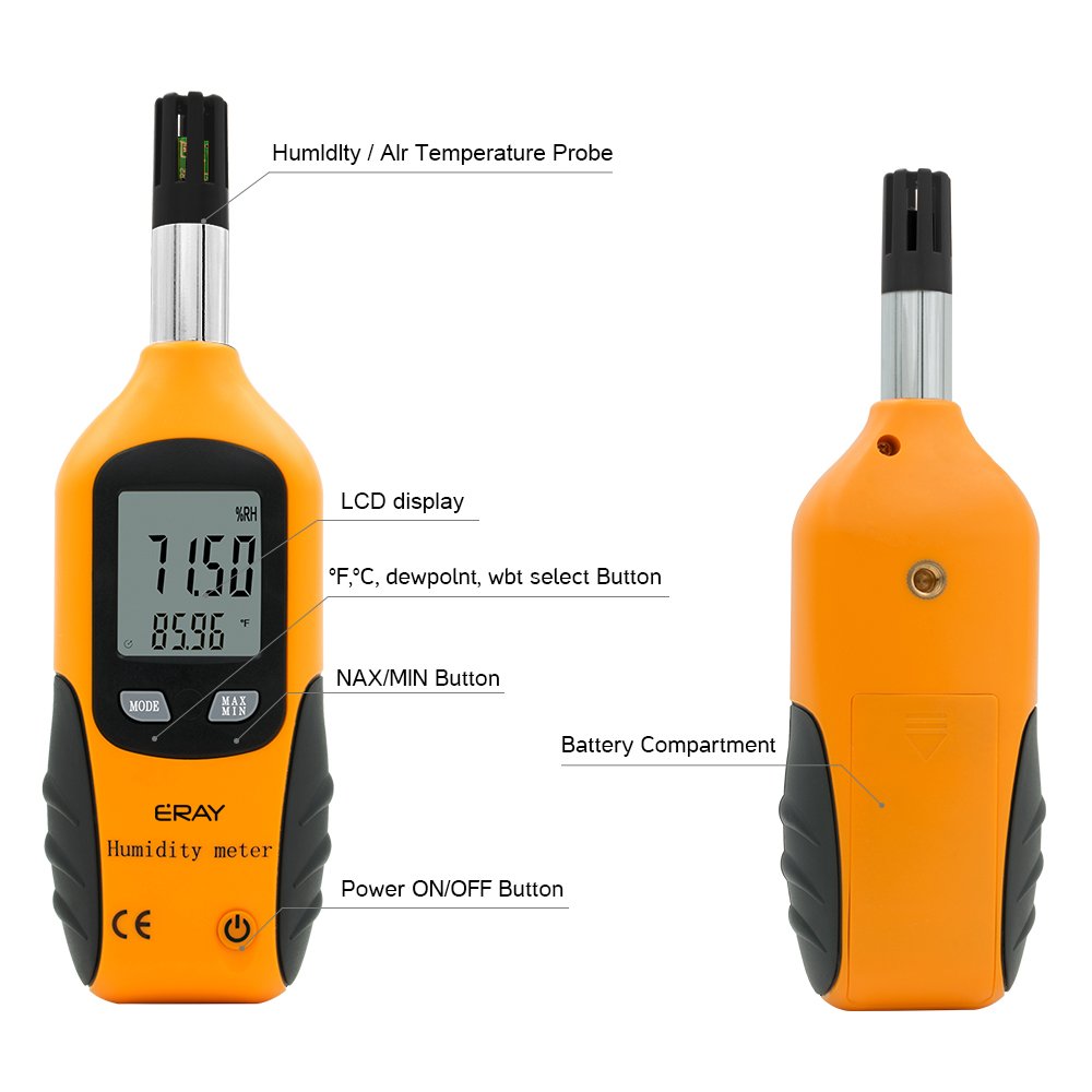 Digital Psychrometer Thermometer Hygrometer with Backlight, ERAY Temperature and Humidity Reader Meter Thermo-Hygrometer with Dew Point and Wet Bulb Temperature, 9V Battery Included