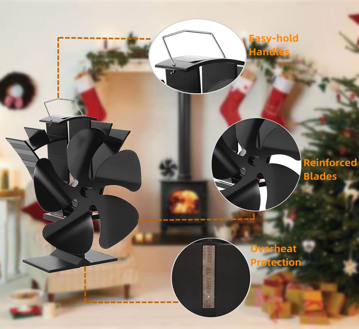 VODA Wood Stove Fan 5 Blades Newly designed Small Heat Powered Fans Fireplace Eco Fans for Wood/Log Burner/Fireplace(Black)