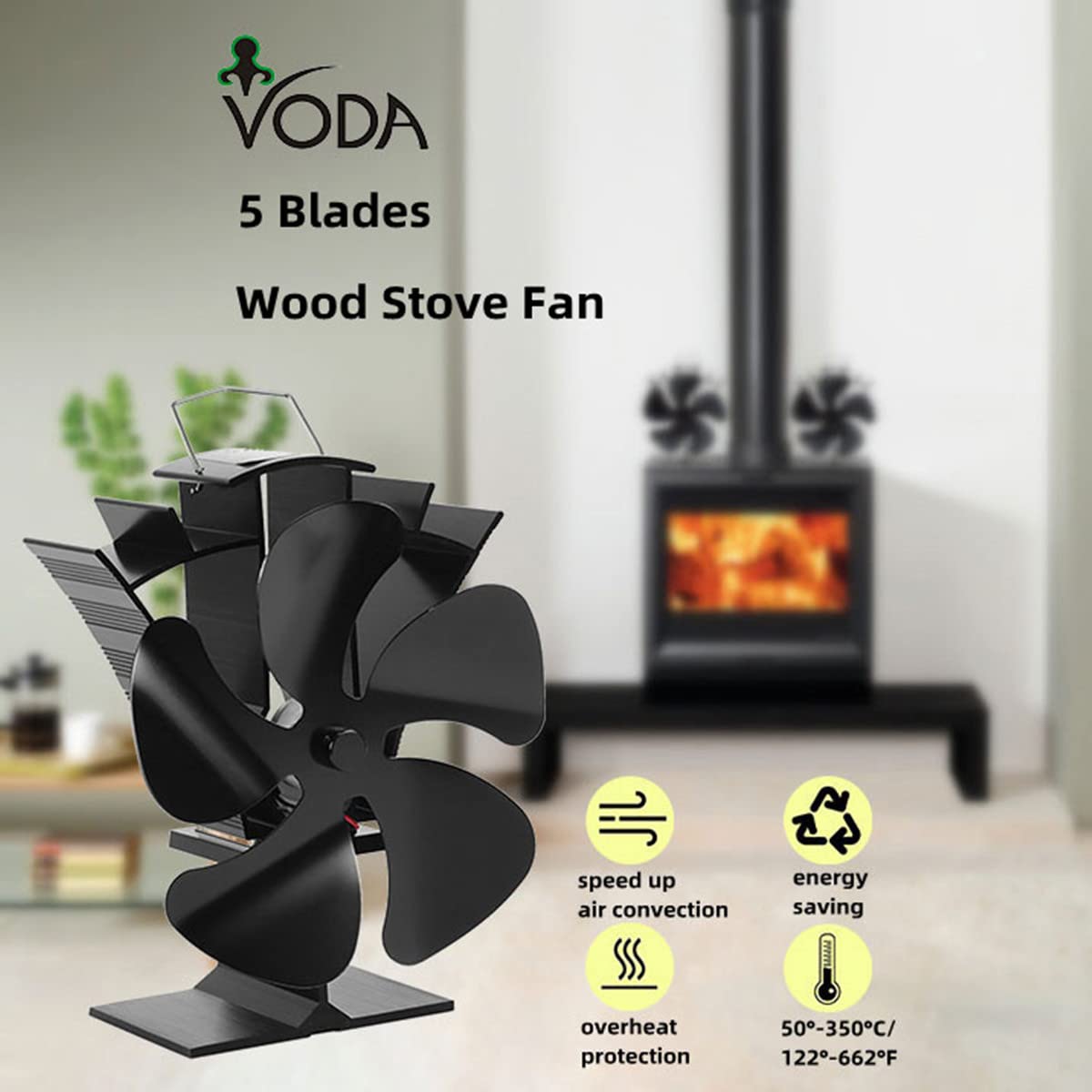 VODA Wood Stove Fan 5 Blades Newly designed Small Heat Powered Fans Fireplace Eco Fans for Wood/Log Burner/Fireplace(Black)