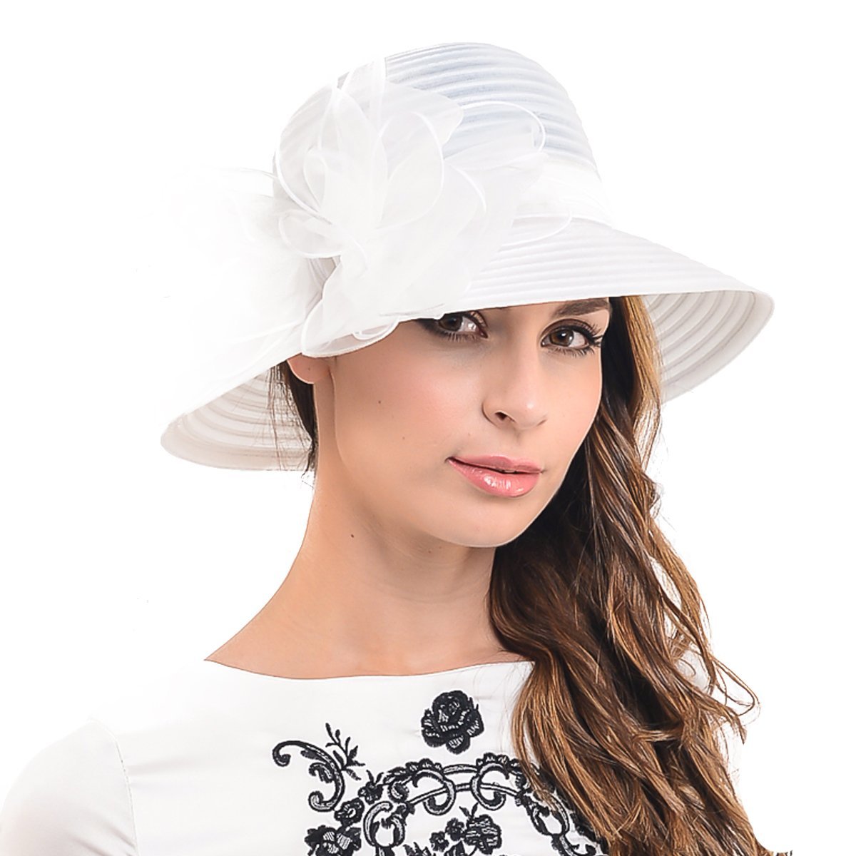 Ascot Kentucky Church Derby Bowler Cloche Hat Bowknot Organza Bridal Dress Cap S051 (White)