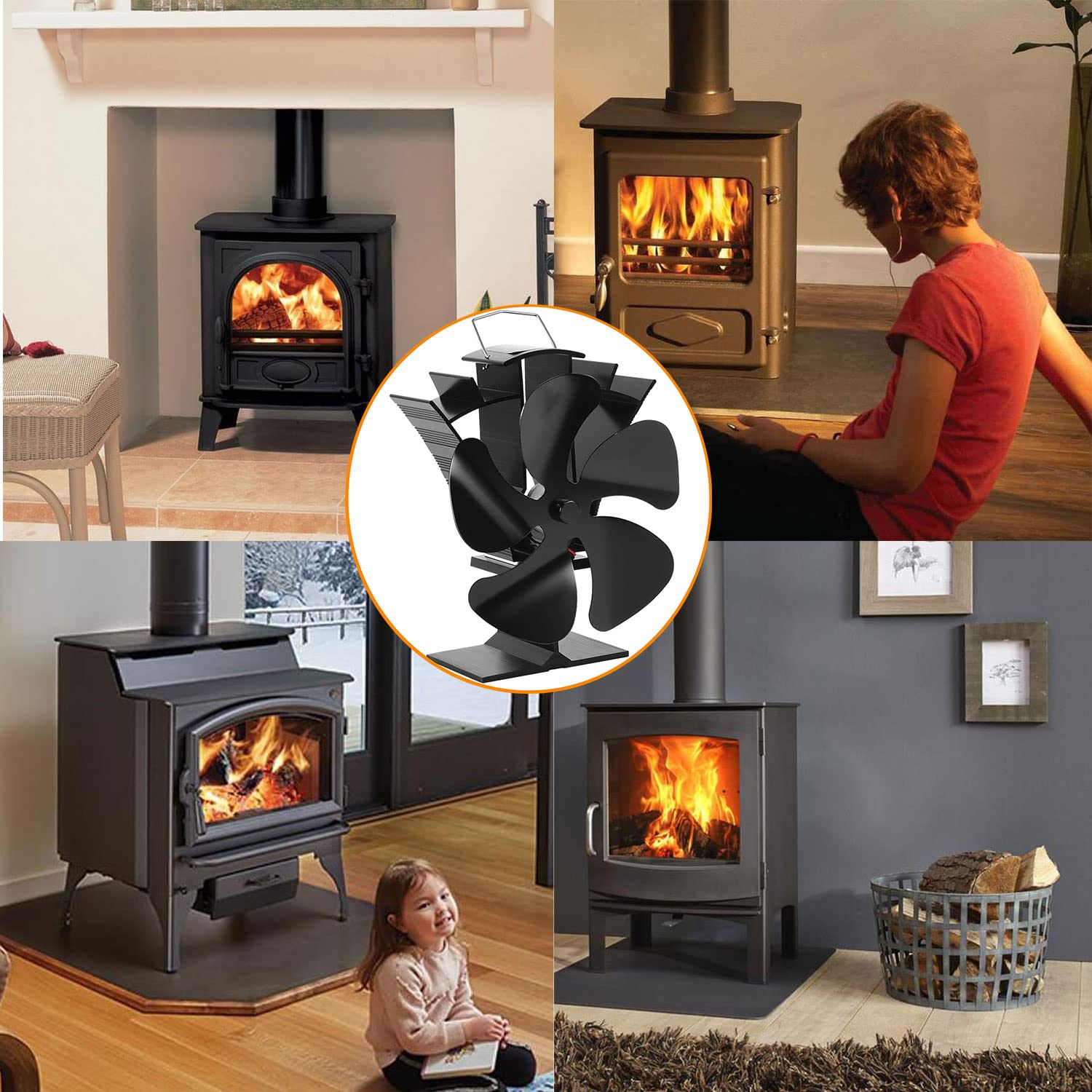 VODA Wood Stove Fan 5 Blades Newly designed Small Heat Powered Fans Fireplace Eco Fans for Wood/Log Burner/Fireplace(Black)