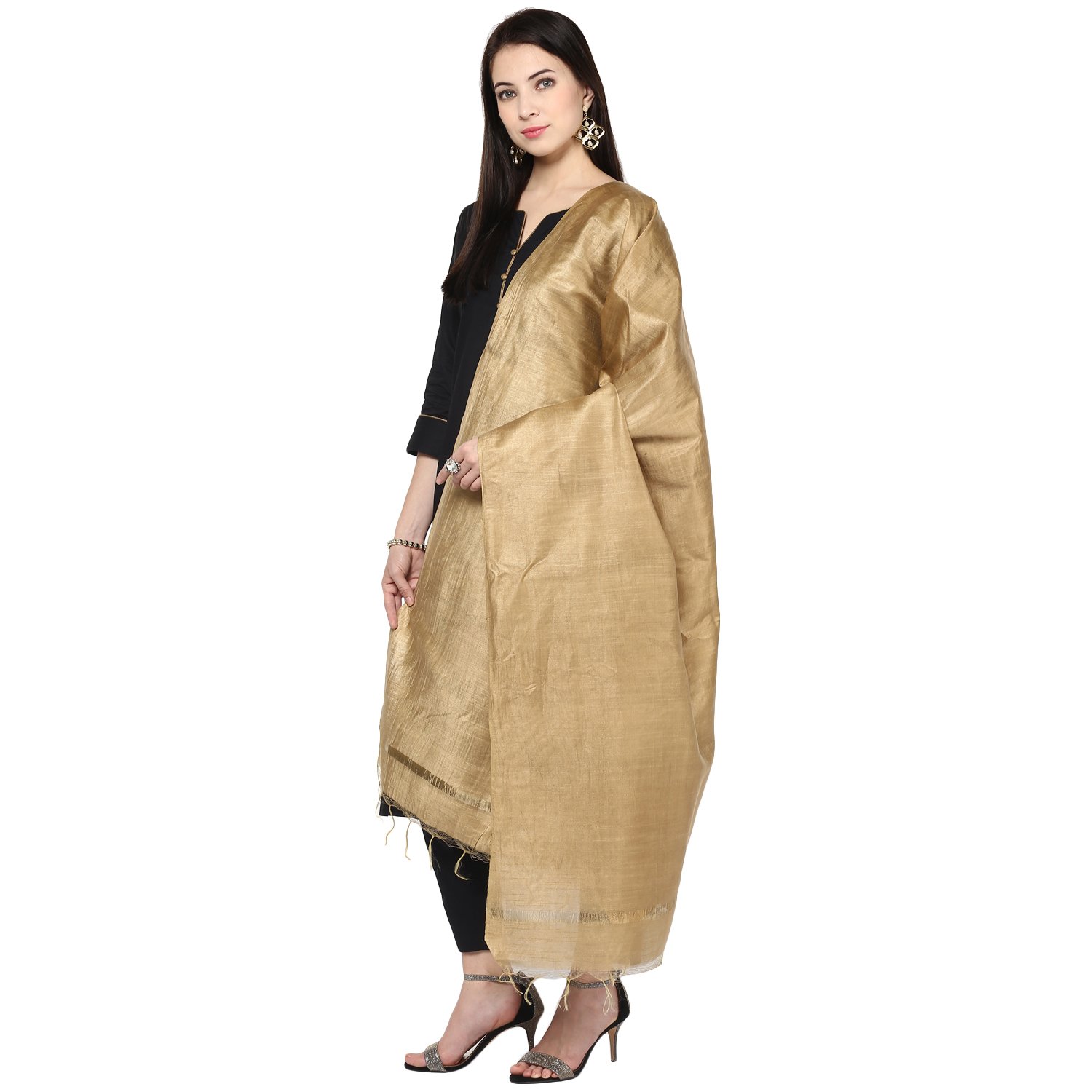 DUPATTA BAZAAR Women's Gold Cotton Silk Dupatta