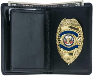 police badge wallet, all leather, fits any shape badge with a pin back- black