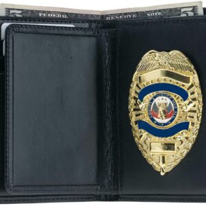 Police Badge Wallet, All Leather, Fits Any Shape Badge with a Pin Back- Black