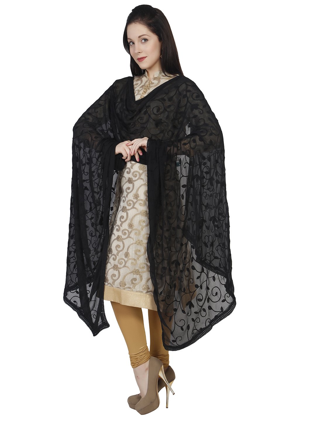 DUPATTA BAZAAR Woman's Embroidered Black Chiffon Dupatta with Lace Border