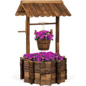 best choice products rustic wooden wishing well planter outdoor home décor for patio, garden, yard w/hanging bucket