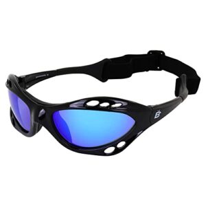 Birdz Seahawk Padded Polarized Sunglasses Jet Ski Kayaking Watersports Jetski Goggles with Built in Strap Black Frame and Blue Mirror Lens