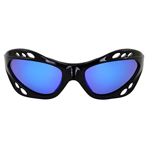 Birdz Seahawk Padded Polarized Sunglasses Jet Ski Kayaking Watersports Jetski Goggles with Built in Strap Black Frame and Blue Mirror Lens