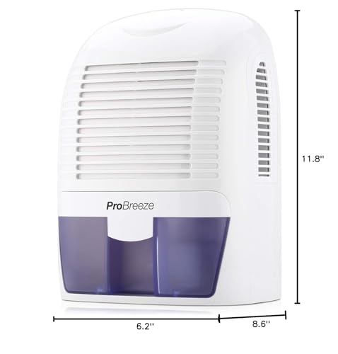 Pro Breeze Electric Mini Dehumidifier, 2200 Cubic Feet (250 sq ft), Compact and Portable for High Humidity in Home, Kitchen, Bedroom, Basement, Caravan, Office, Garage