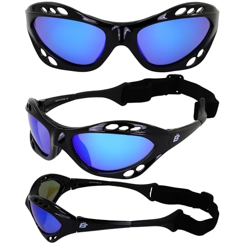 Birdz Seahawk Padded Polarized Sunglasses Jet Ski Kayaking Watersports Jetski Goggles with Built in Strap Black Frame and Blue Mirror Lens