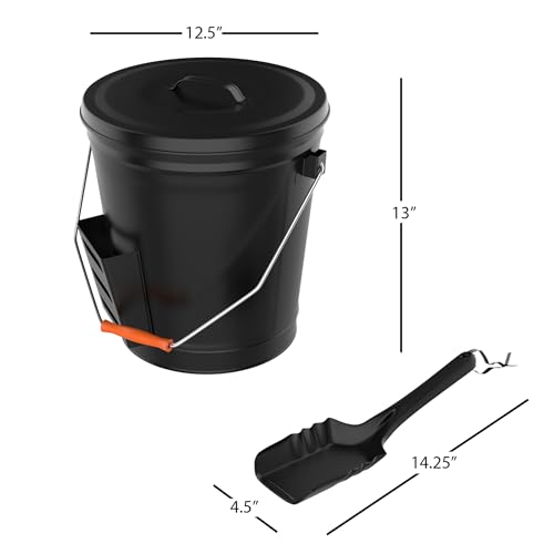 Home-Complete 4.75 Gallon Black Ash Bucket with Lid and Shovel-Essential Tools for Fireplaces, Fire Pits, Wood Burning Stoves-Hearth Accessories