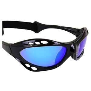 Birdz Seahawk Padded Polarized Sunglasses Jet Ski Kayaking Watersports Jetski Goggles with Built in Strap Black Frame and Blue Mirror Lens