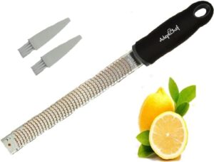 citrus lemon zester & cheese grater by adeptchef - parmesan cheese, lemon, ginger, garlic, nutmeg, vegetables, fruits - very sharp stainless steel blade protective cover, dishwasher safe