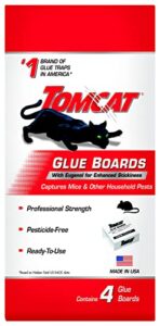 tomcat glue boards with immediate grip glue for mice, cockroaches, and insects, use flat or covered, ready-to-use, 4 traps