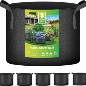 iPower 5 Gallon 5 Pack Grow Bags Nonwoven Fabric Pots Aeration Container with Strap Handles for Garden and Planting, 5-Pack Black, 5 Gallon