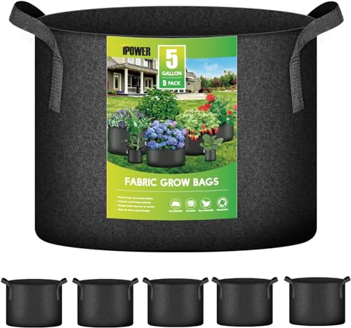 iPower 5 Gallon 5 Pack Grow Bags Nonwoven Fabric Pots Aeration Container with Strap Handles for Garden and Planting, 5-Pack Black, 5 Gallon