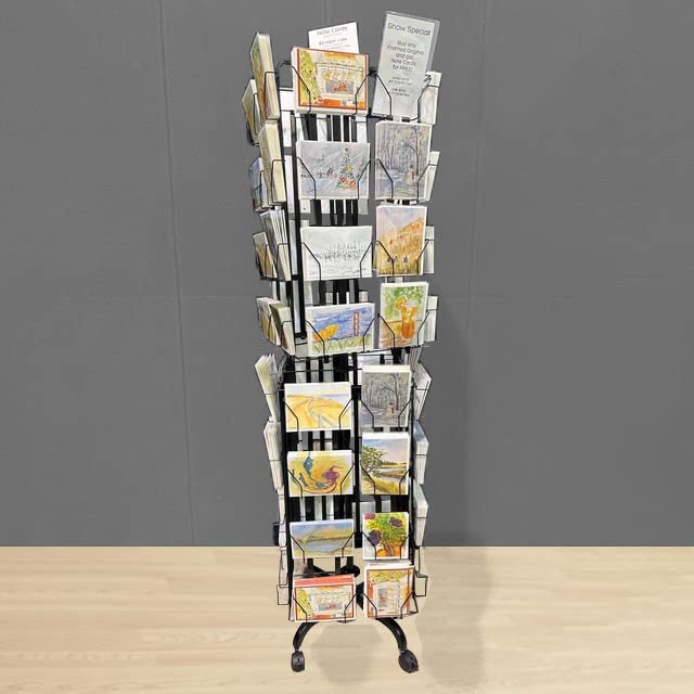 64 Adjustable Pockets Display Rack 5x7 7x5 up to 9.3" Wide X 8" Tall Cards, 1.27" deep Pockets, Double Tier Greeting Post Card Christmas Holiday Spinning Rack Stand Black 11603-BLACK