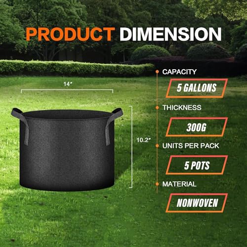 iPower 5 Gallon 5 Pack Grow Bags Nonwoven Fabric Pots Aeration Container with Strap Handles for Garden and Planting, 5-Pack Black, 5 Gallon