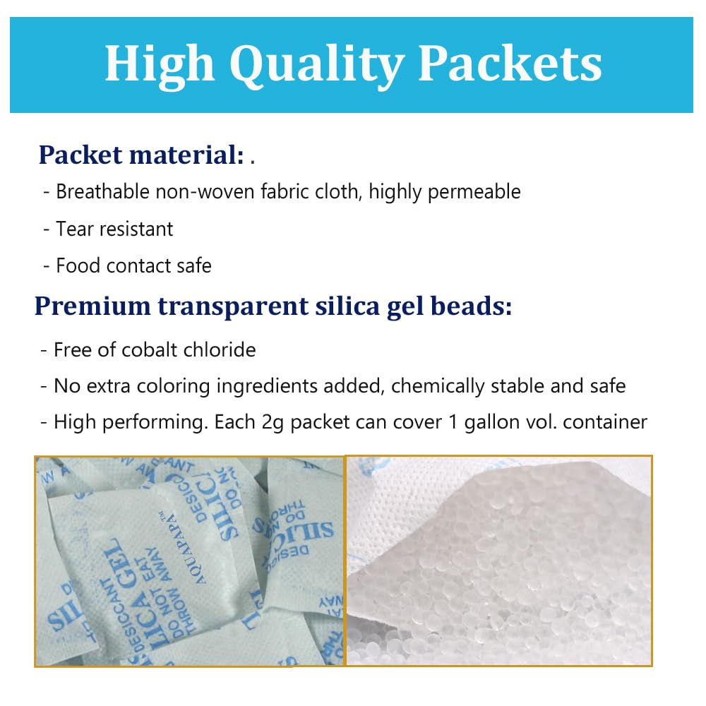 Desiccant Packs 100 Packets 2 Gram Premium Silica Gel Moisture Absorber for Storage Food Contact Safes