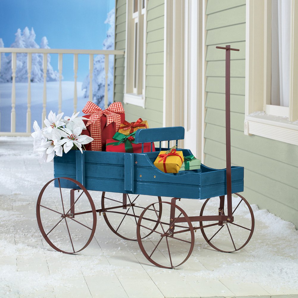 Collections Etc Amish Wagon Decorative Indoor/Outdoor Garden Backyard Planter, Blue