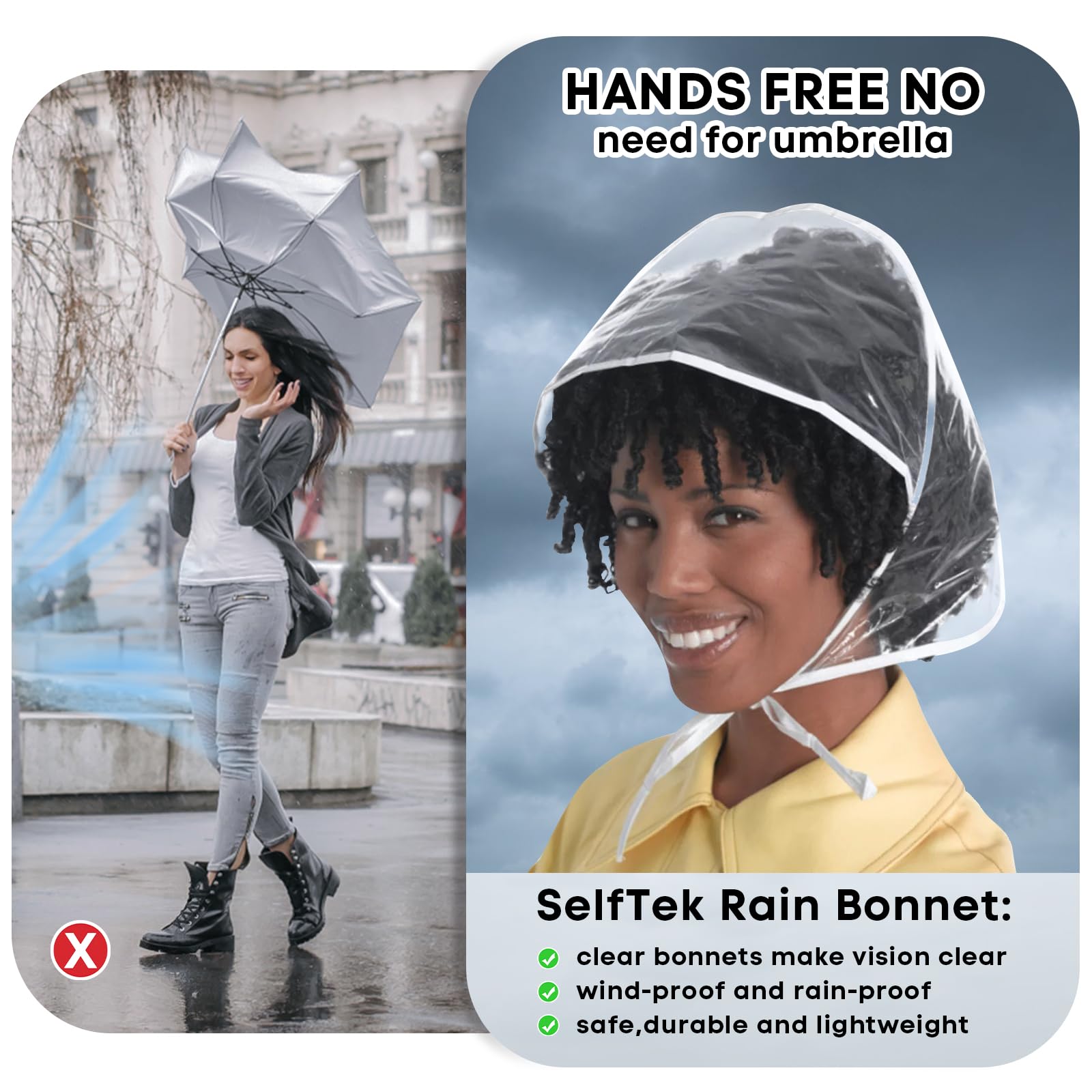 SelfTek 2 Pcs Rain Bonnet with Visor Clear Plastic Rain Hats, Waterproof Rain Scarf Pro-tect Hairstyle for Women Lady (Black)